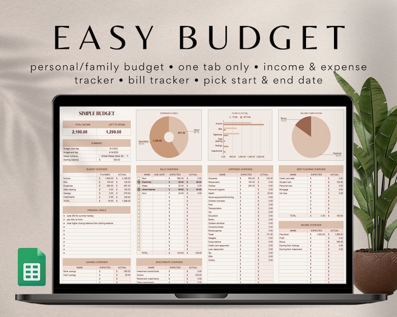 Easy Budget Planner One Page Budget Google Sheets Budget - Etsy