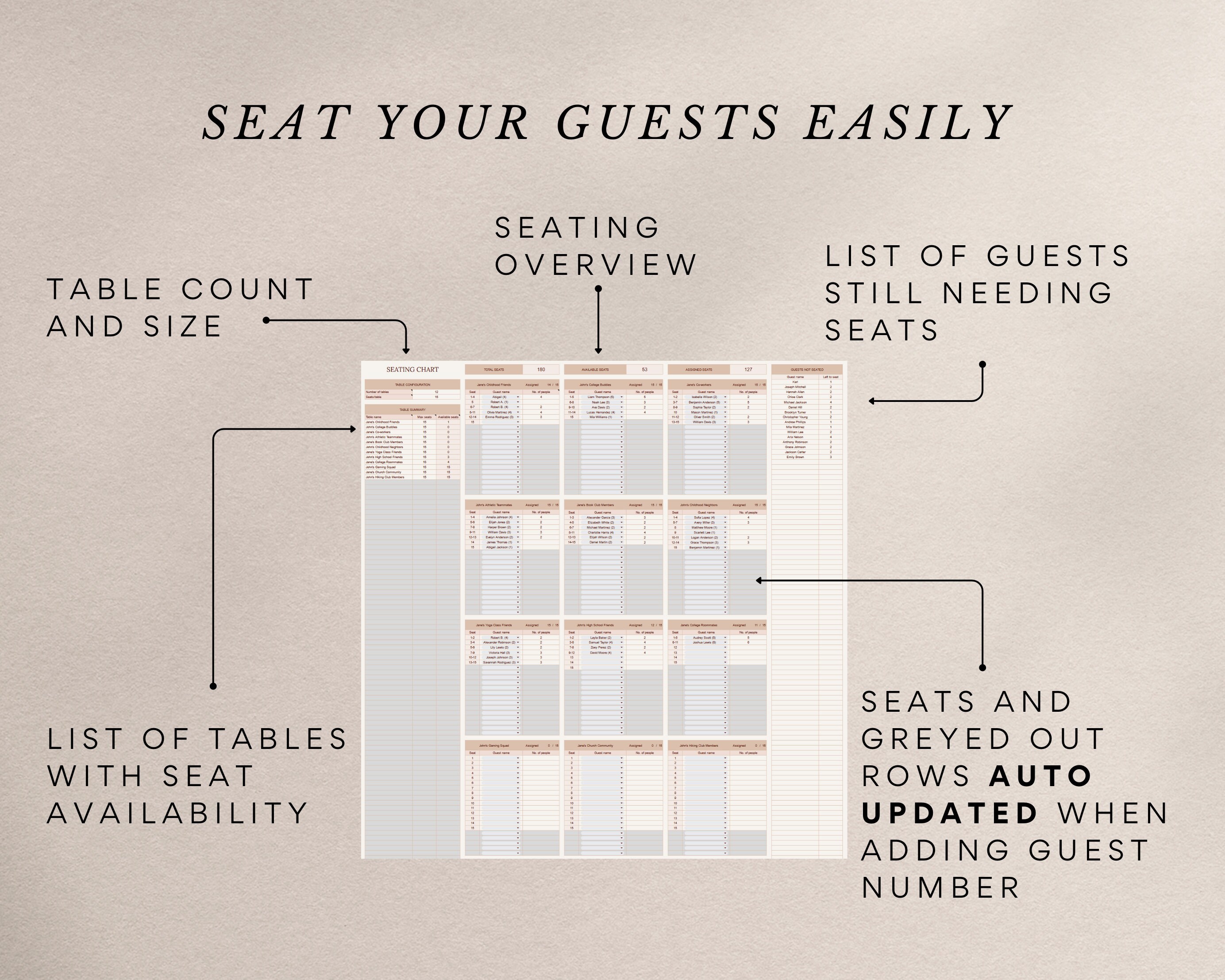 Wedding Guest Tracker & Seating Chart for Google Sheets, Wedding Planer ...