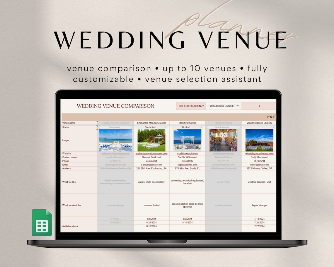 Wedding Venue Comparison Spreadsheet for Google Sheets, Wedding Planner ...