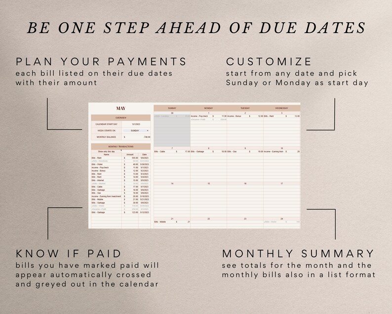 Bill Calendar Google Sheets Budget Planner Budget Template - Etsy