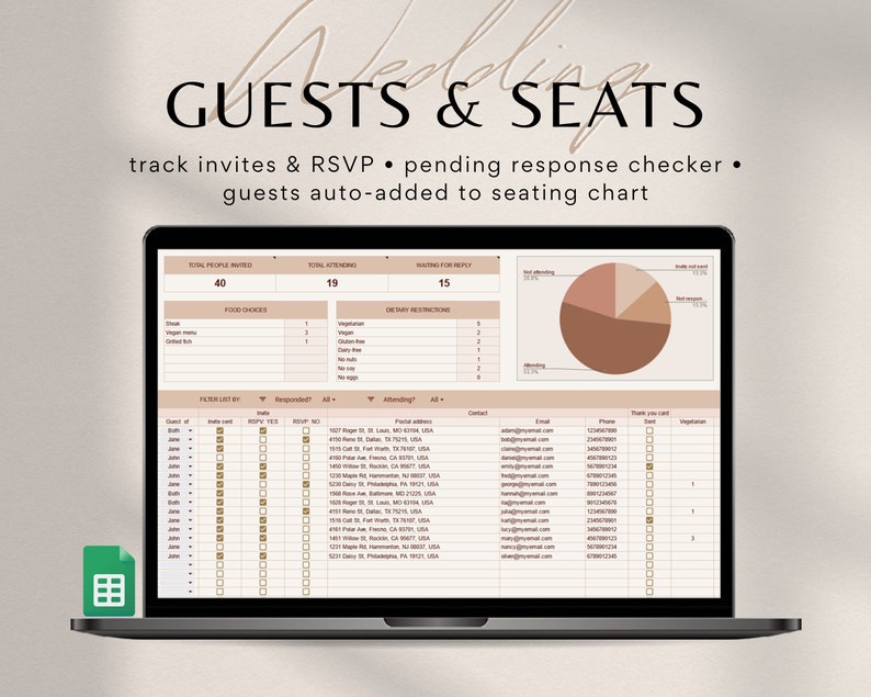 Wedding Guest Tracker & Seating Chart for Google Sheets, Wedding Planer ...
