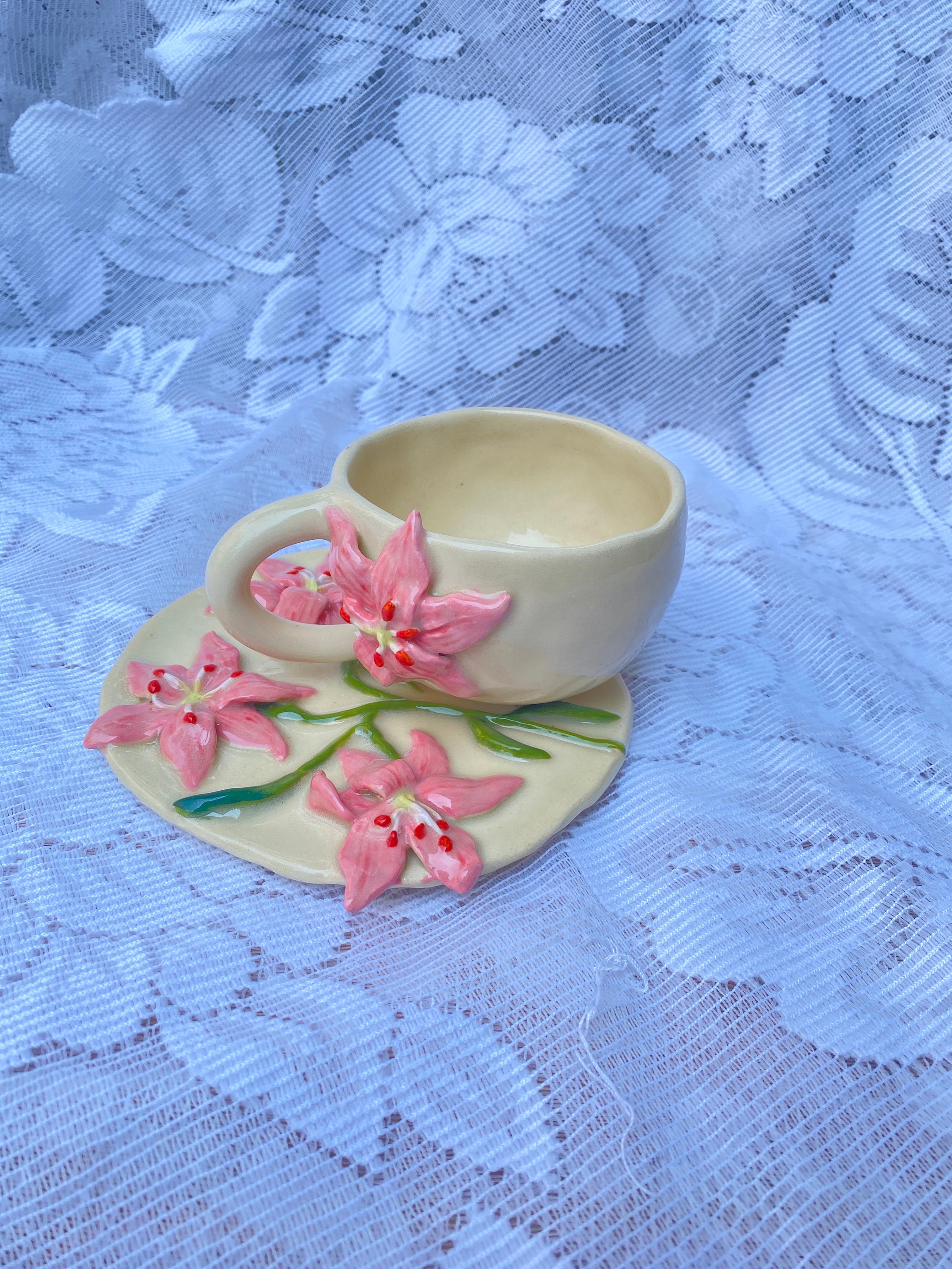 Lily Themed Cup and Saucer| Handmade Custom Flower Cup Set | Ceramic ...