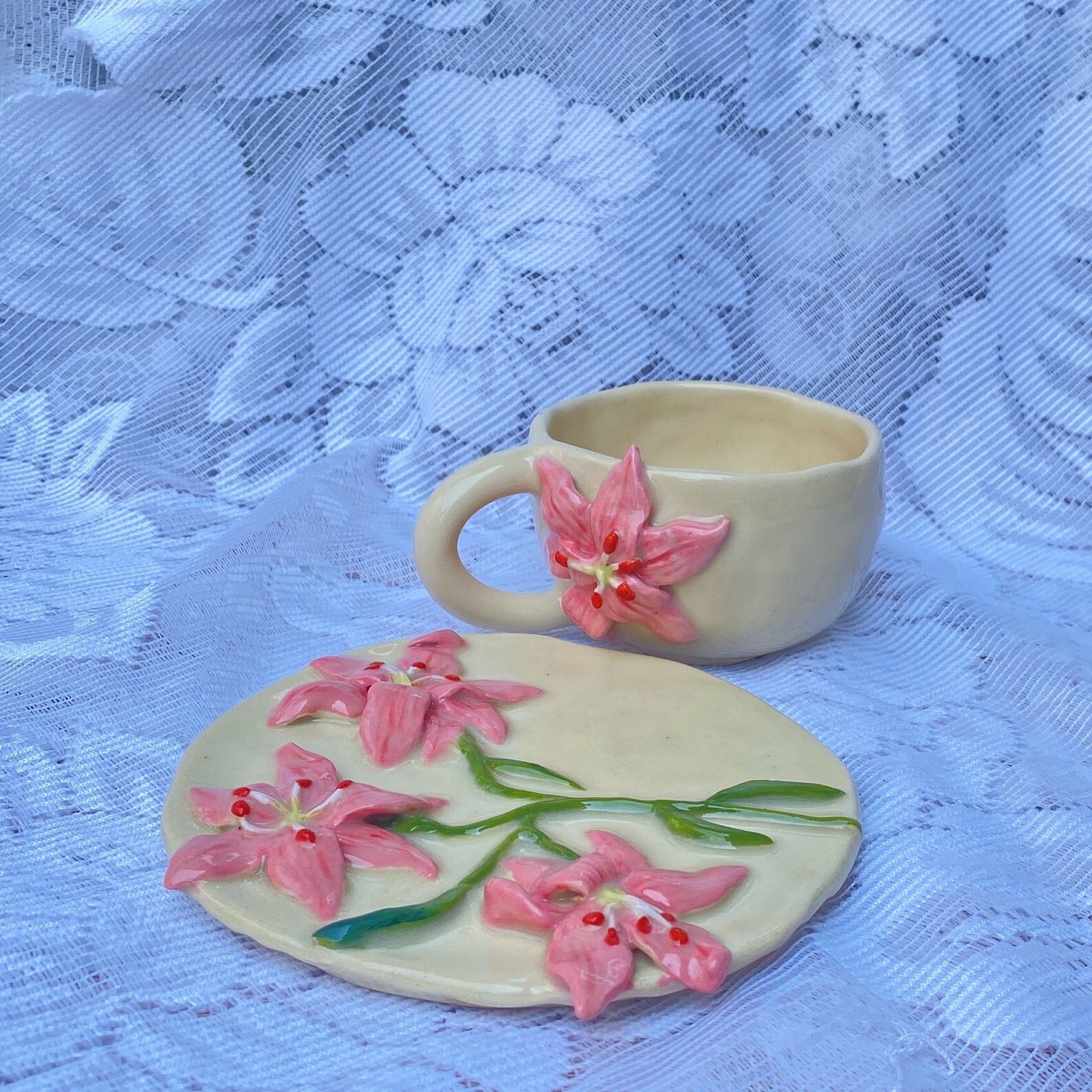 Lily Themed Cup and Saucer| Handmade Custom Flower Cup Set | Ceramic ...