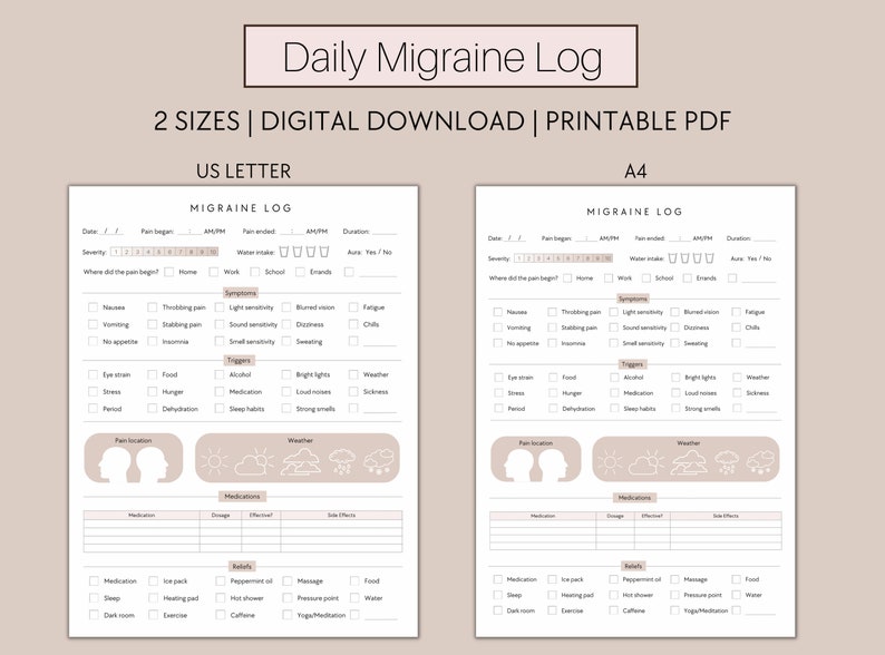 Migraine Tracker Bundle | Yearly Migraine Tracker | Daily Migraine Log ...