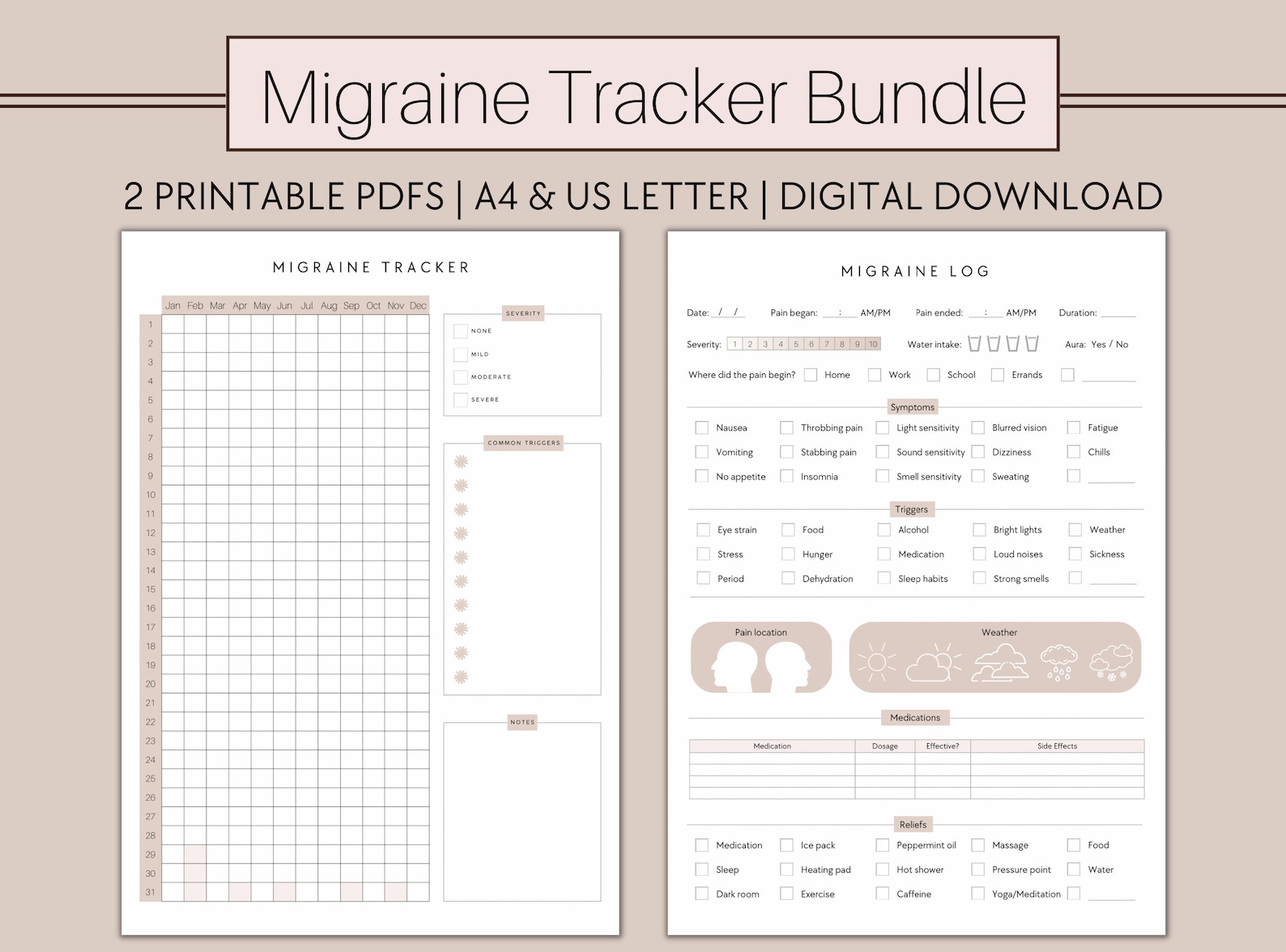 Migraine Tracker Bundle | Yearly Migraine Tracker | Daily Migraine Log ...