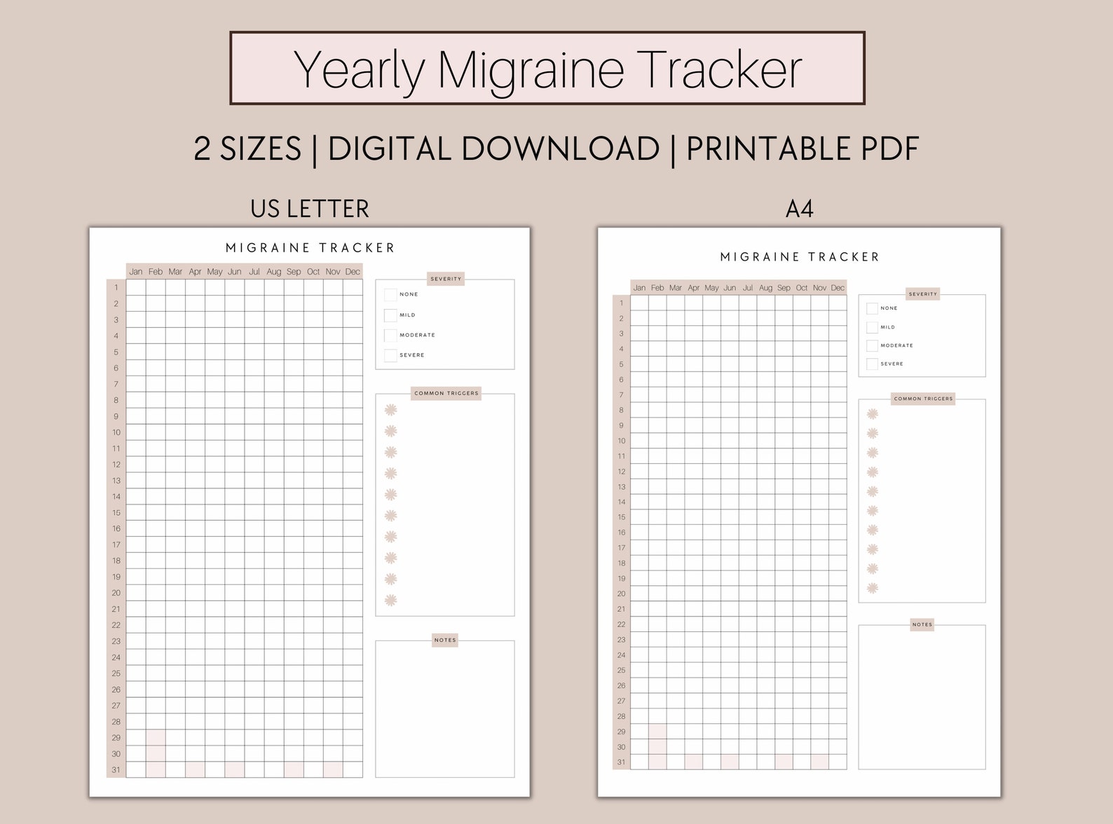 Migraine Tracker Bundle | Yearly Migraine Tracker | Daily Migraine Log ...