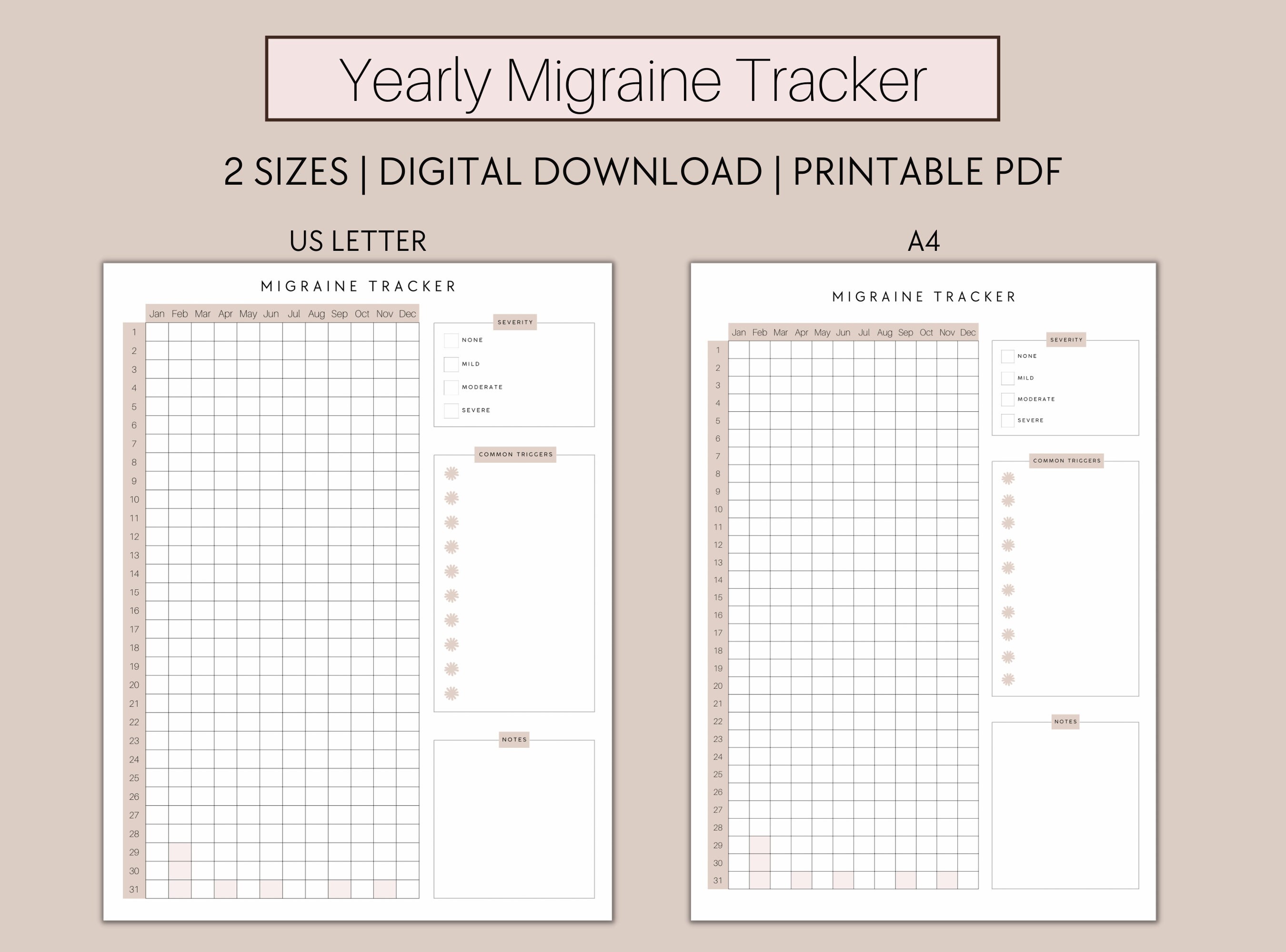 Migraine Tracker Bundle | Yearly Migraine Tracker | Daily Migraine Log ...
