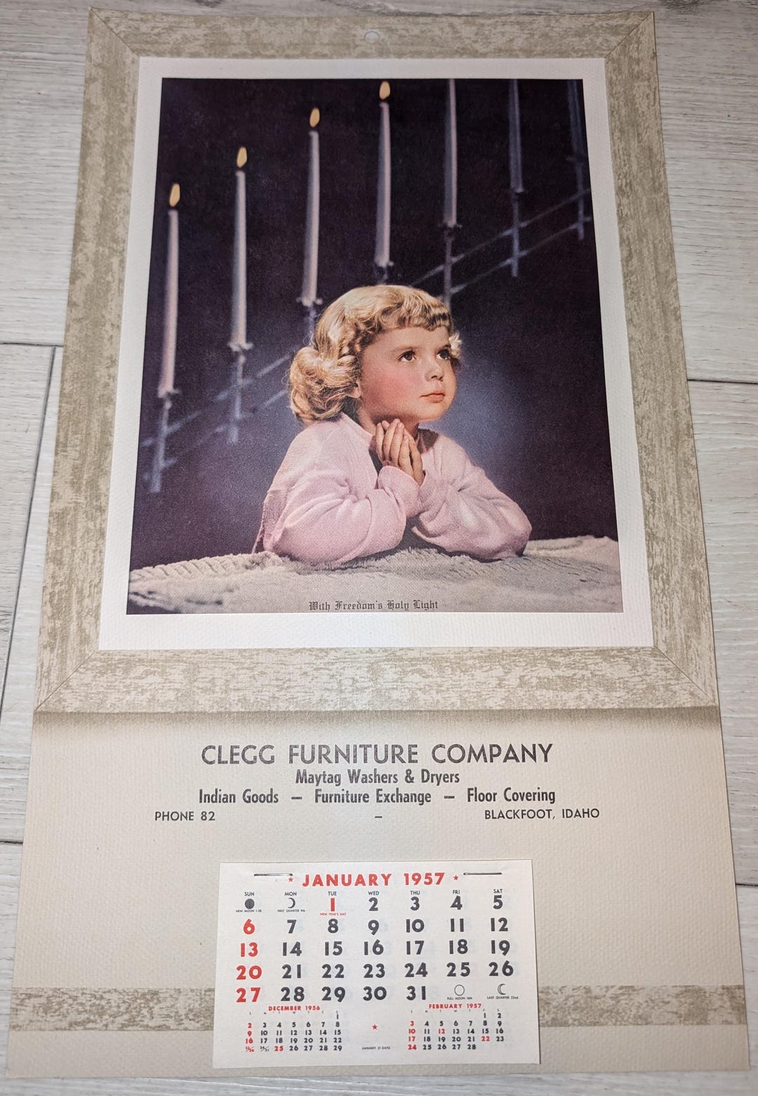 Vintage 1957 50s Calendar - Holy Light Girl Photo - Clegg Furniture Co ...