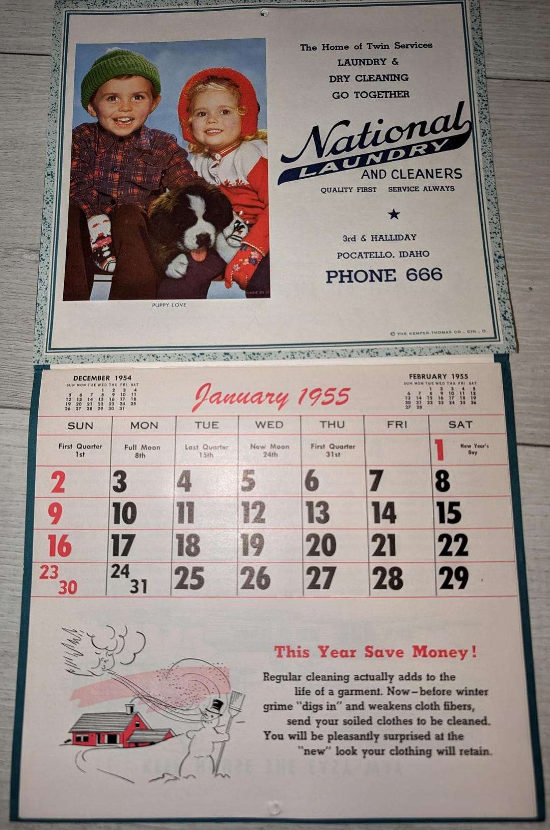 Vintage 1955 Calendar - Kids With Puppy - National Laundry & Cleaners ...