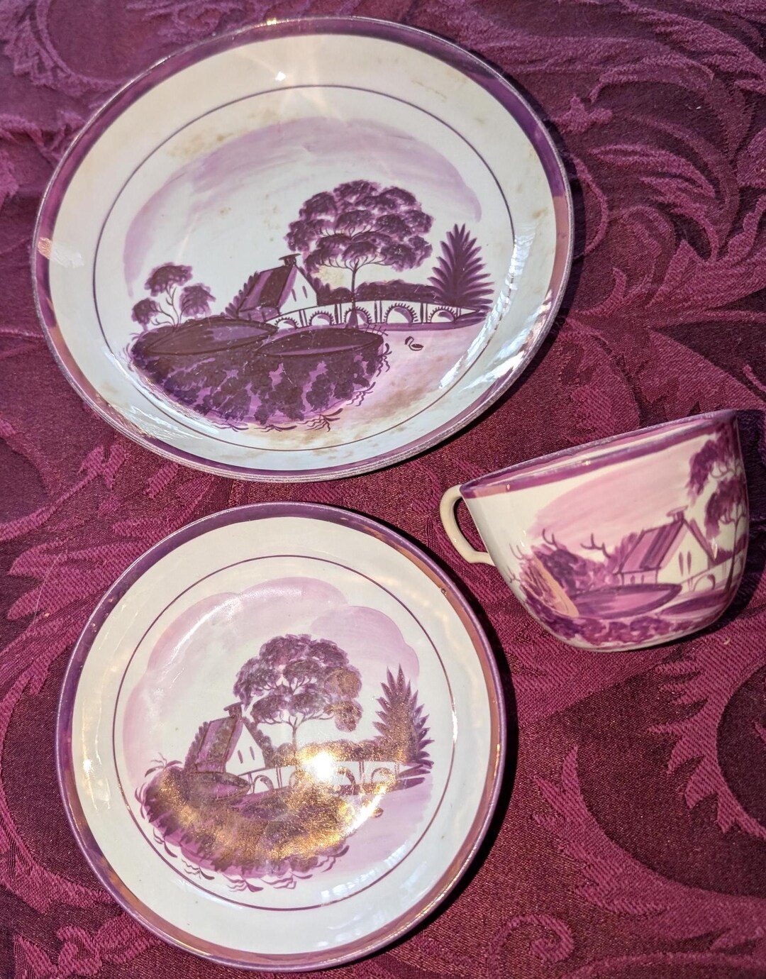 Antique 1800s Rare Sunderland Luster Ware Settle England Pink Plate Set ...
