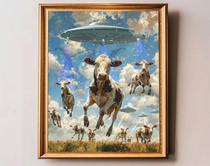 Aliens and Cows Abduction Print Space Cows Poster Cosmic Cows in Space ...