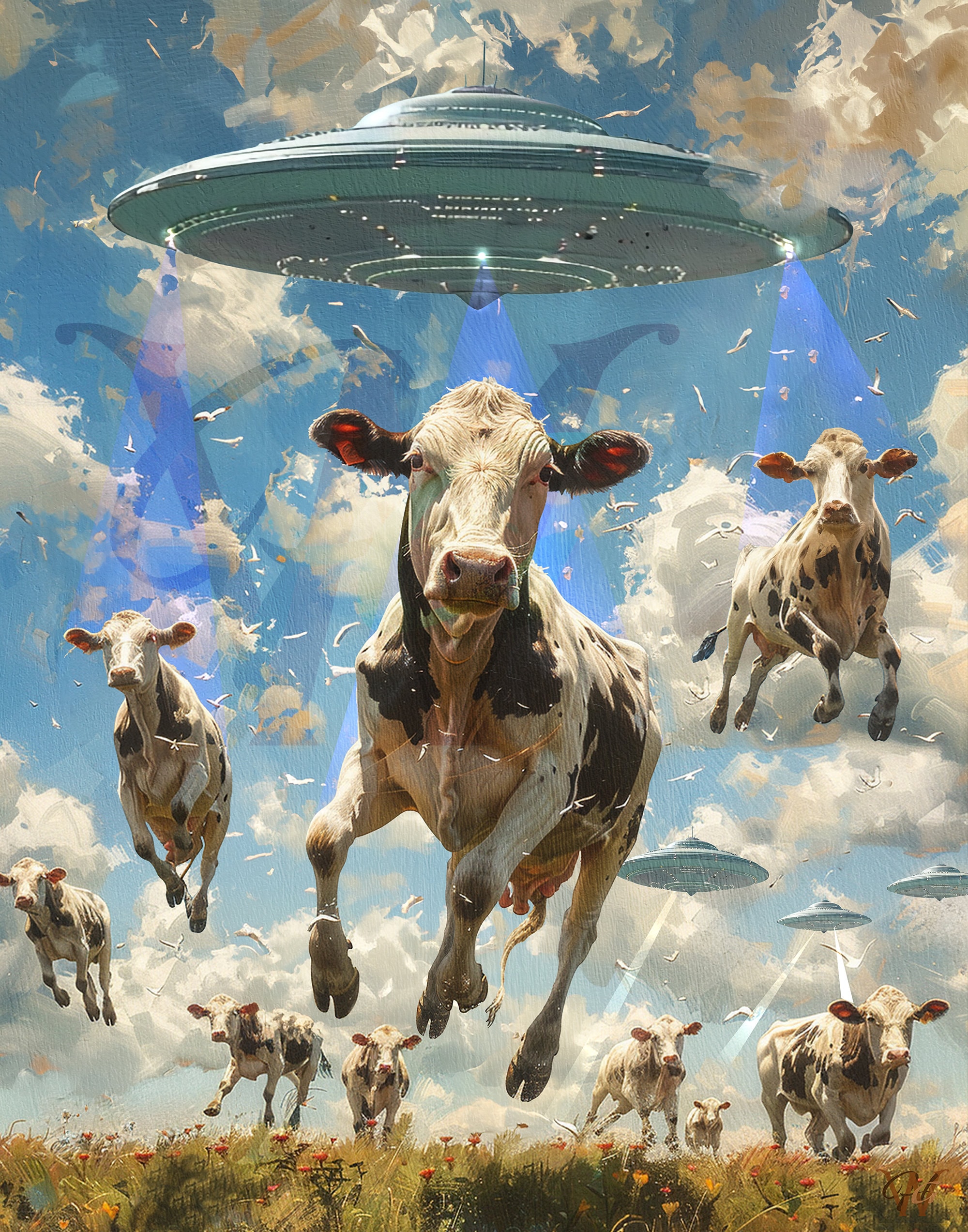 Cosmic Cows in Space Poster, Alien Ship Beaming up Cow, Cow UFO ...