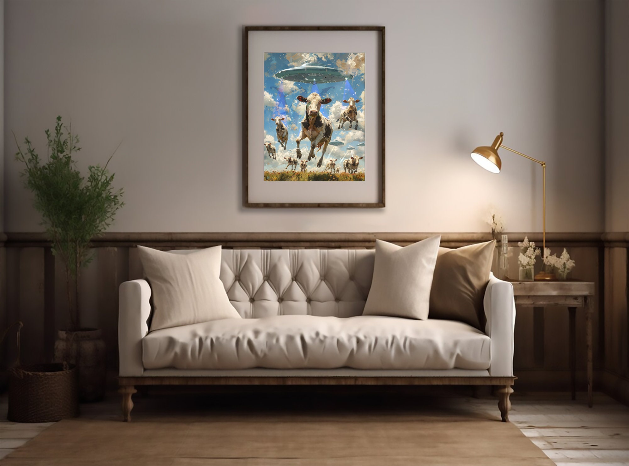Cosmic Cows in Space Poster, Alien Ship Beaming up Cow, Cow UFO ...