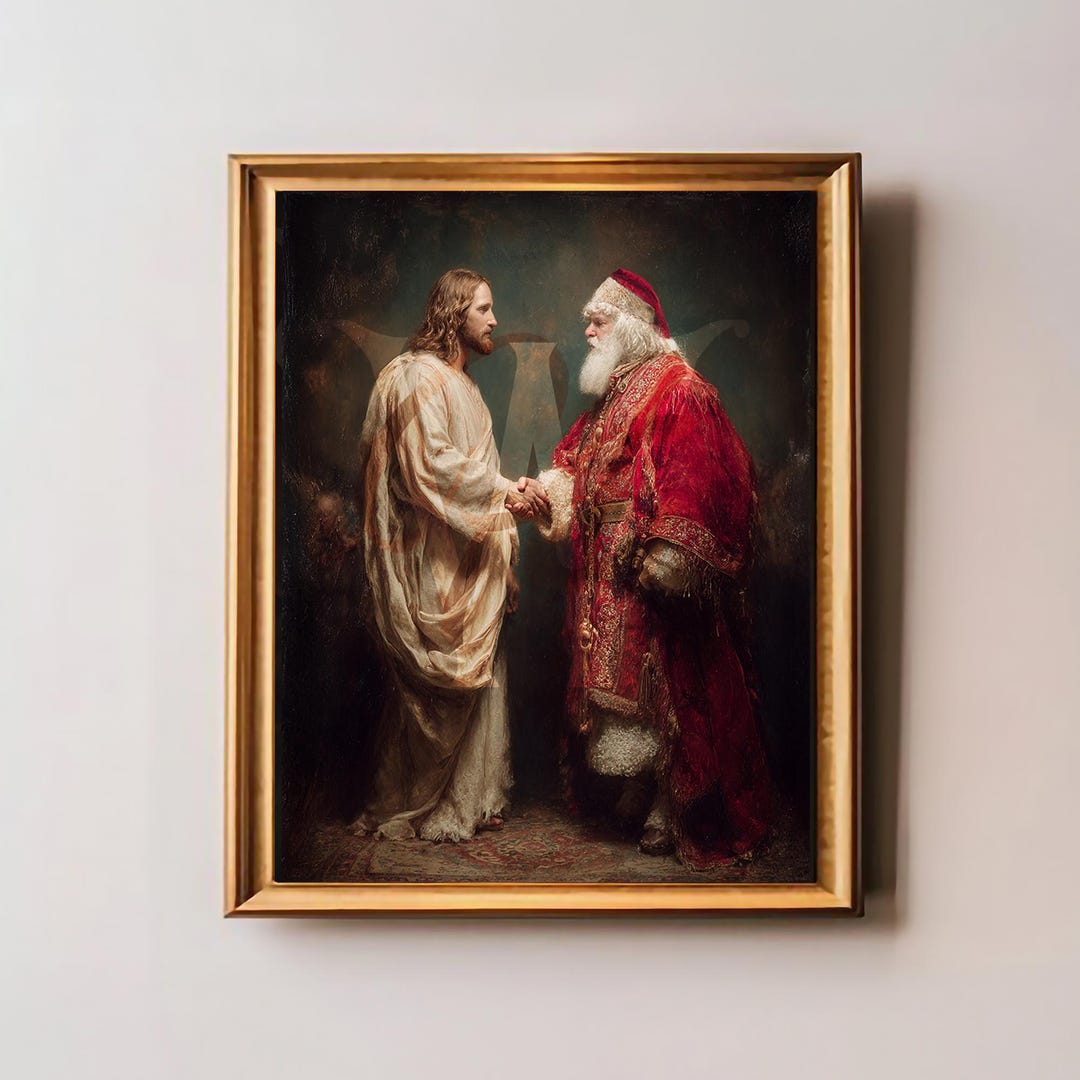 Jesus Meets Santa Claus Funny Christmas Art Print – Vintage Oil ...
