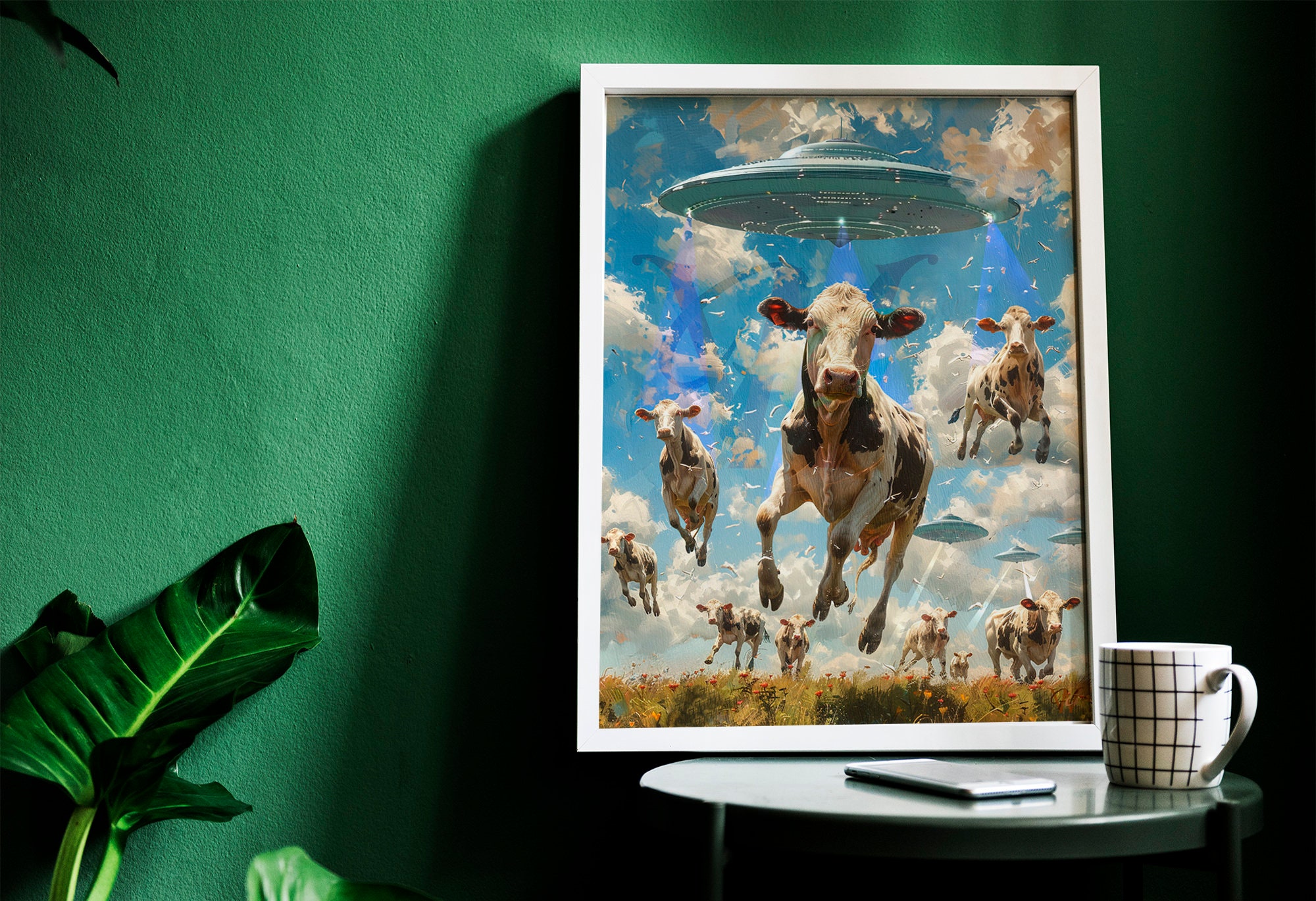 Cosmic Cows in Space Poster, Alien Ship Beaming up Cow, Cow UFO ...