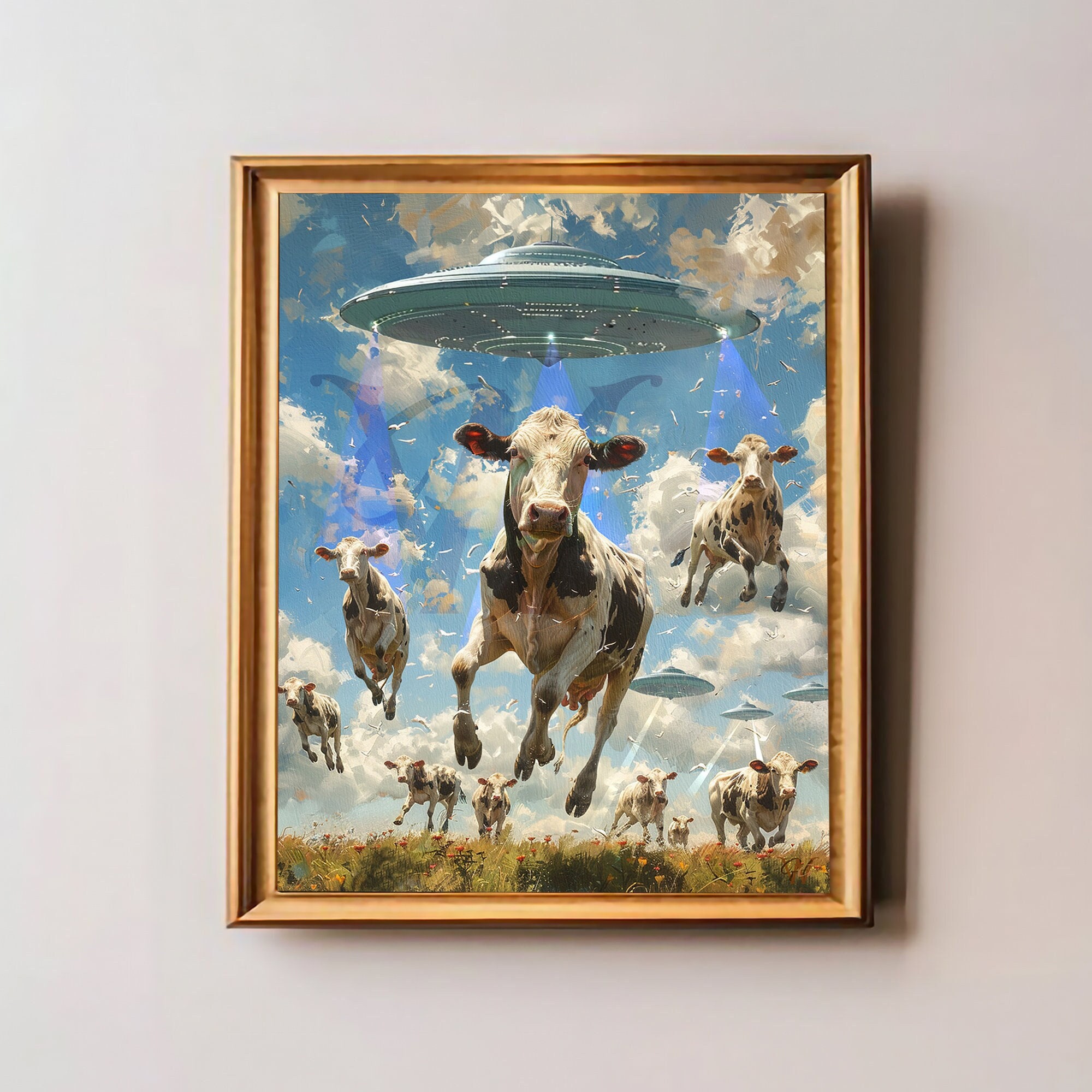 Cosmic Cows in Space Poster, Alien Ship Beaming up Cow, Cow UFO ...