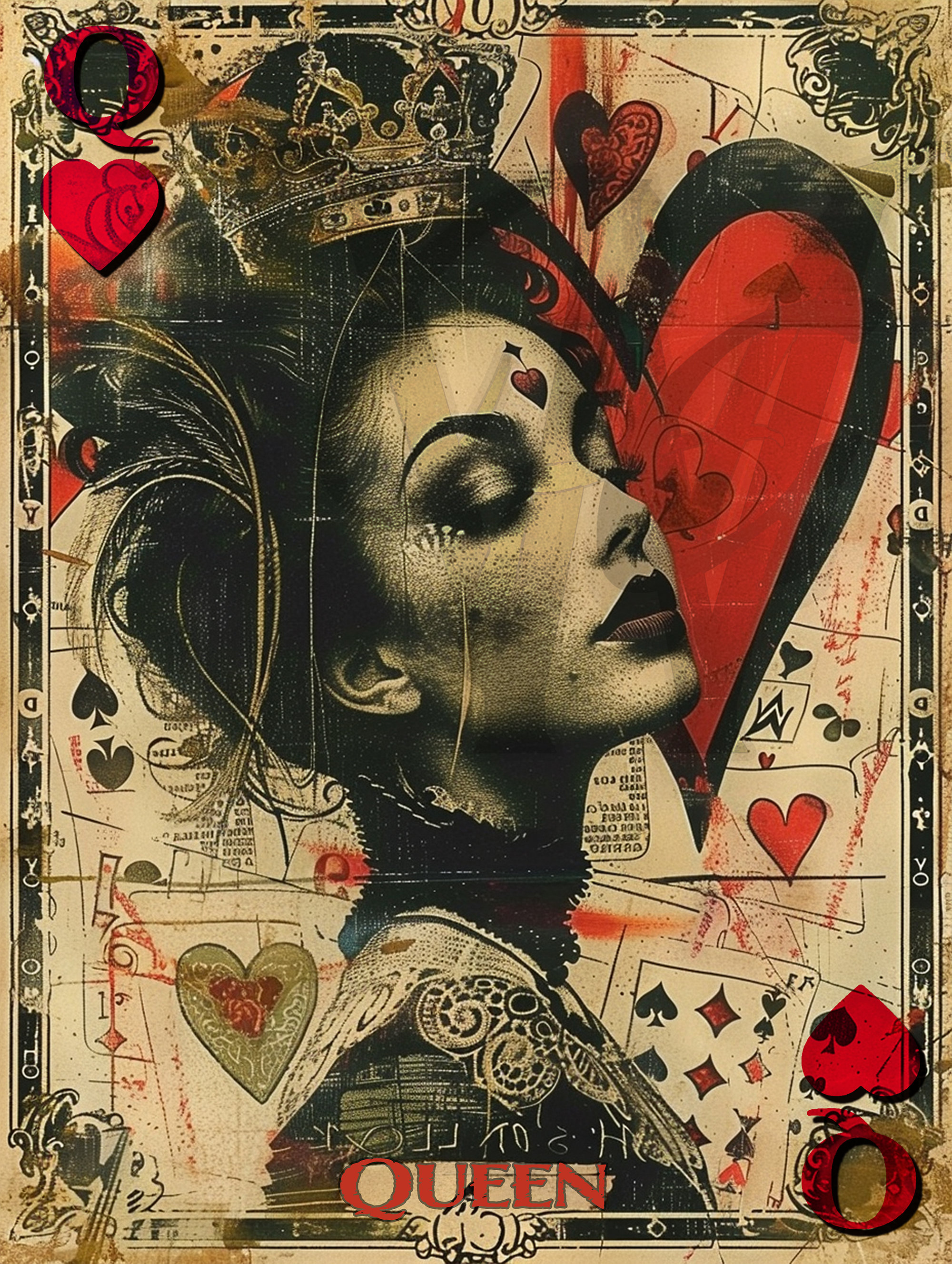Queen of Hearts Art Red and Black Retro Playing Card Wall Art ...