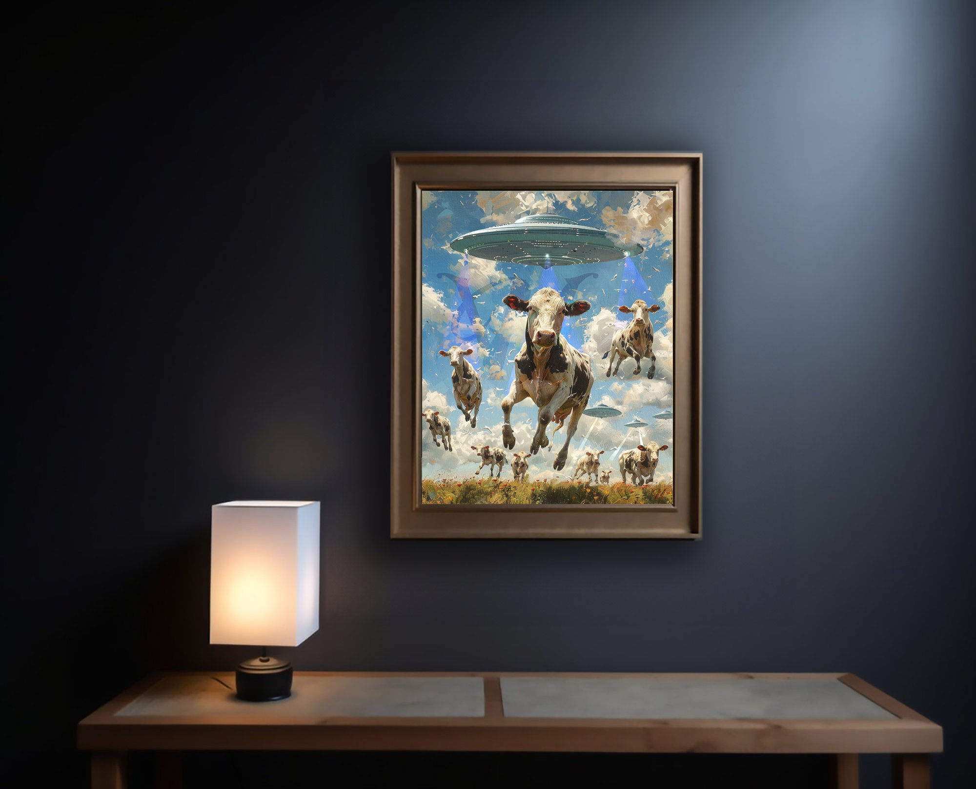 Cosmic Cows in Space Poster, Alien Ship Beaming up Cow, Cow UFO ...