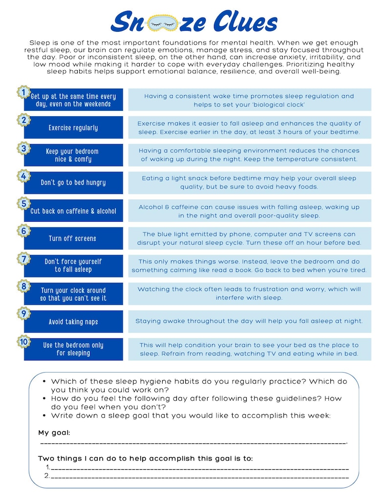 Snooze Clues | Sleep Hygiene Tips & Discussion Worksheet | Mental ...