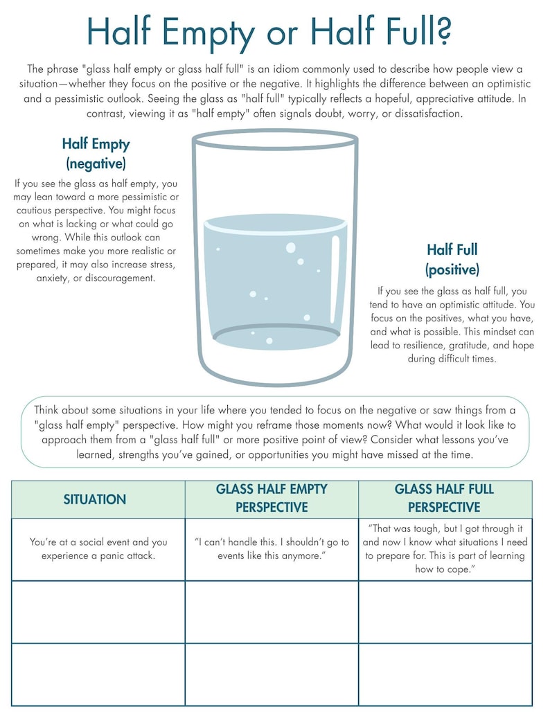 Glass Half Full or Half Empty | Mental Health Worksheet | Cbt-inspired ...