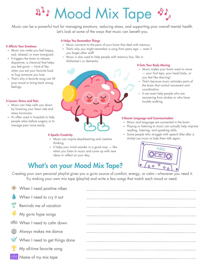 Mood Mix Tape Worksheet | Printable Mental Health PDF | Music ...