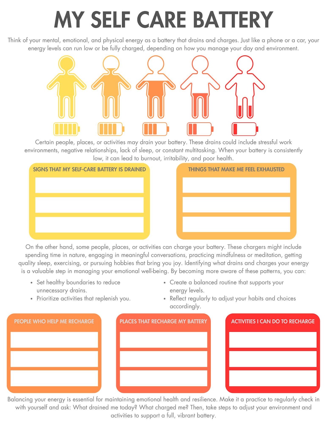 My Self-care Battery Worksheet | Mental Health Printable | Track ...