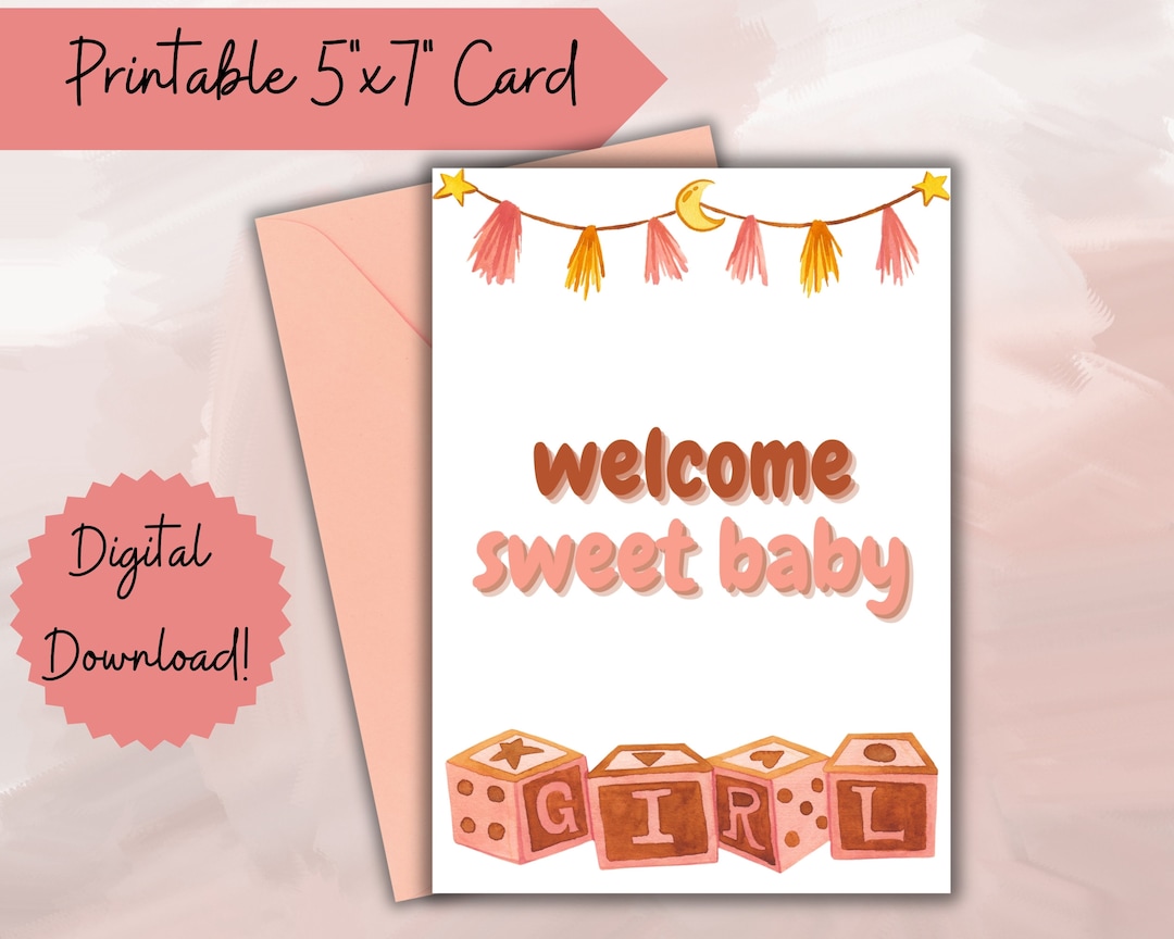 Welcome Baby Girl Card, Digital Card, Printable Card, Downloadable ...