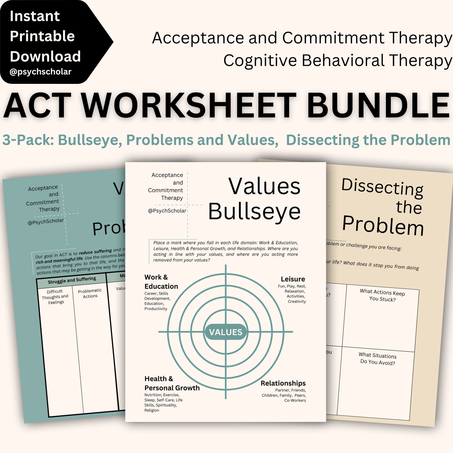 ACT Worksheet Bundle: Acceptance and Commitment Therapy Bullseye ...