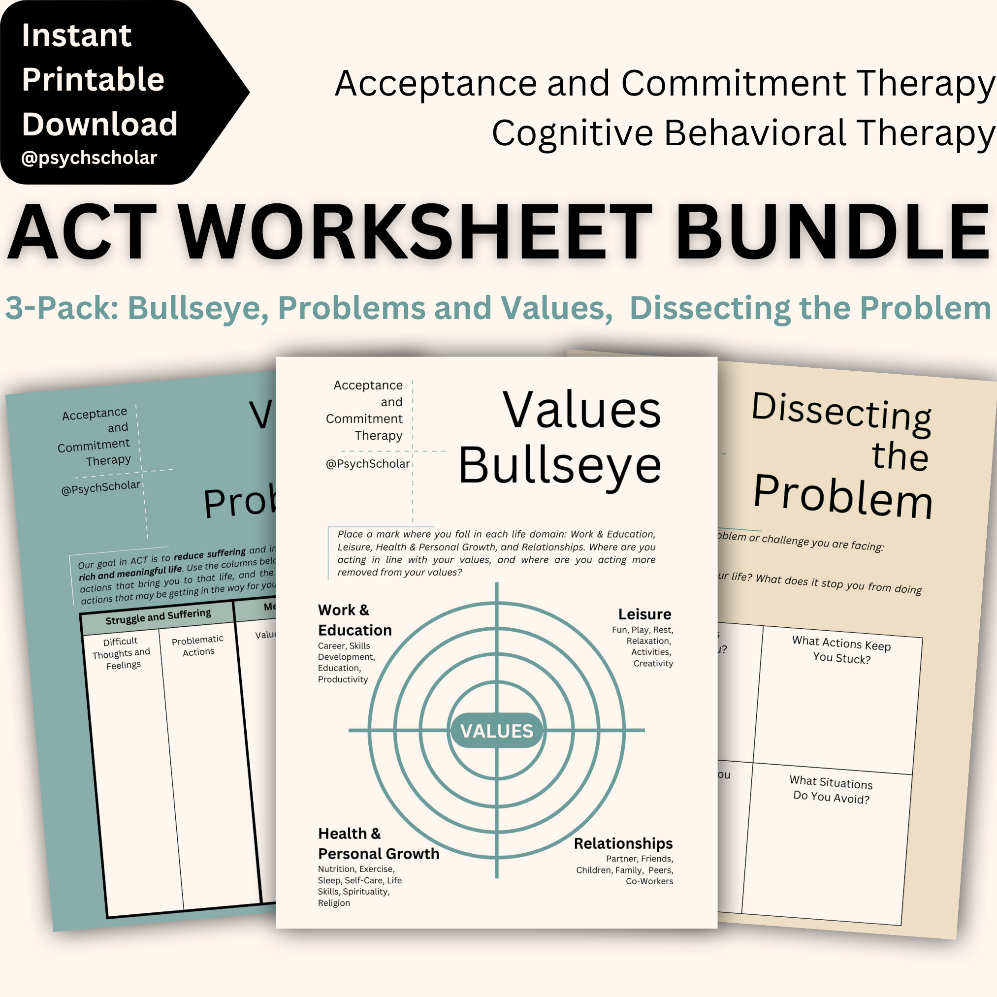 ACT Worksheet Bundle: Acceptance and Commitment Therapy Bullseye ...