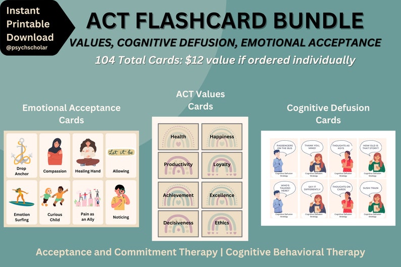 ACT CBT Flashcard Bundle: Values, Cognitive Defusion, Emotional ...