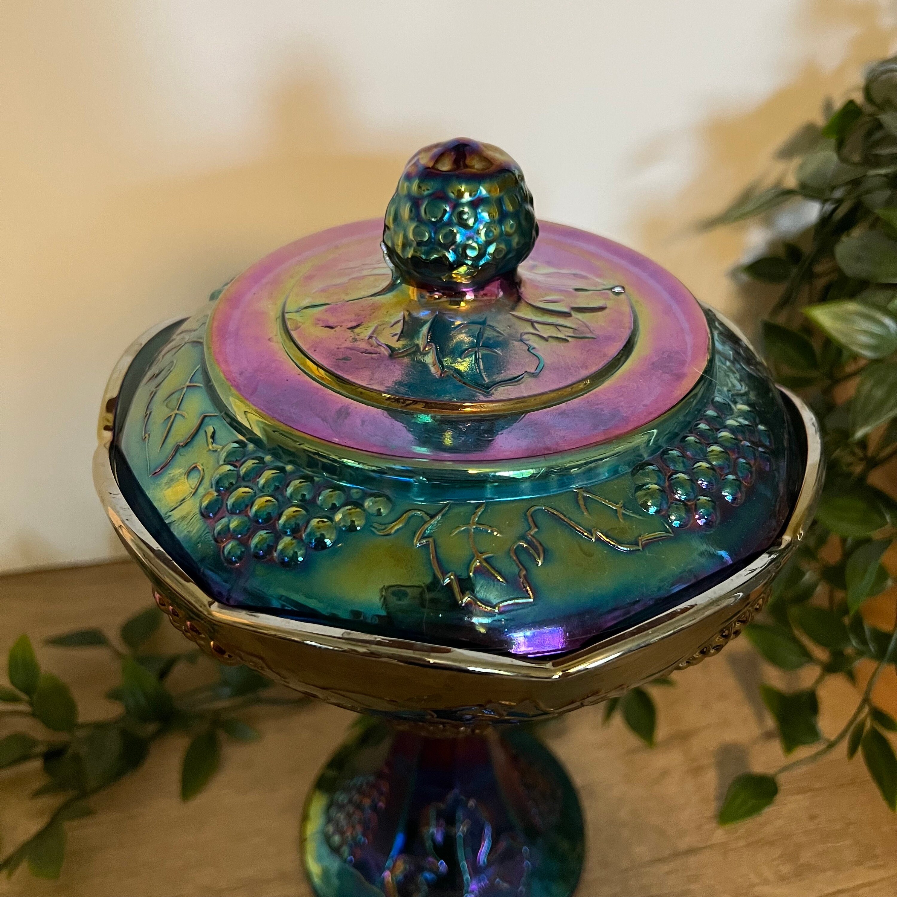 Vintage Colony Indiana Glass Harvest Grape Lidded Compote Blue ...