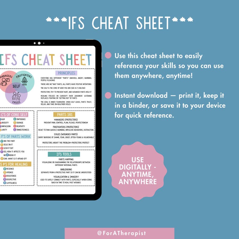 IFS Skills Cheat Sheet, Internal Family Systems Therapy Worksheet ...