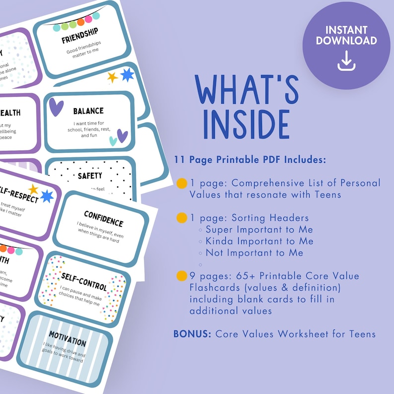 Teen Core Values Flashcards Printable | Values Sorting Cards for Teens ...