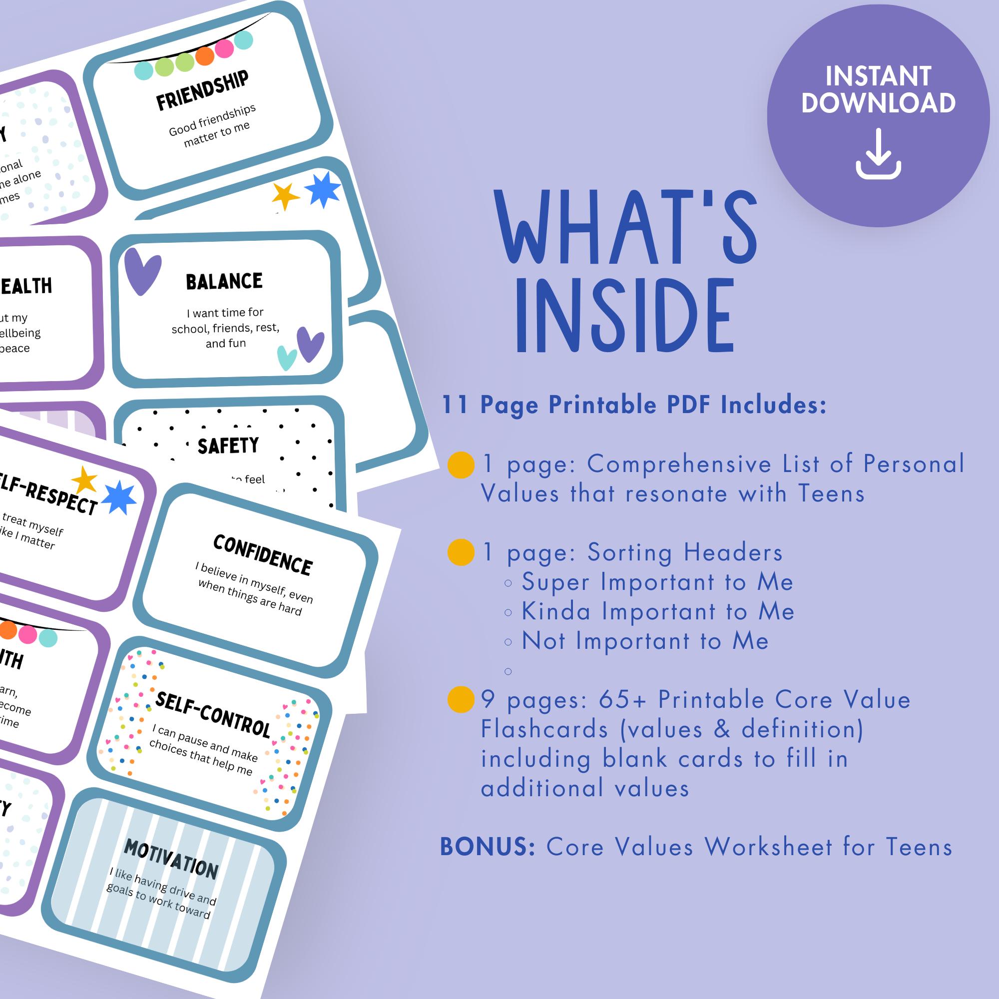 Teen Core Values Flashcards Printable | Values Sorting Cards for Teens ...