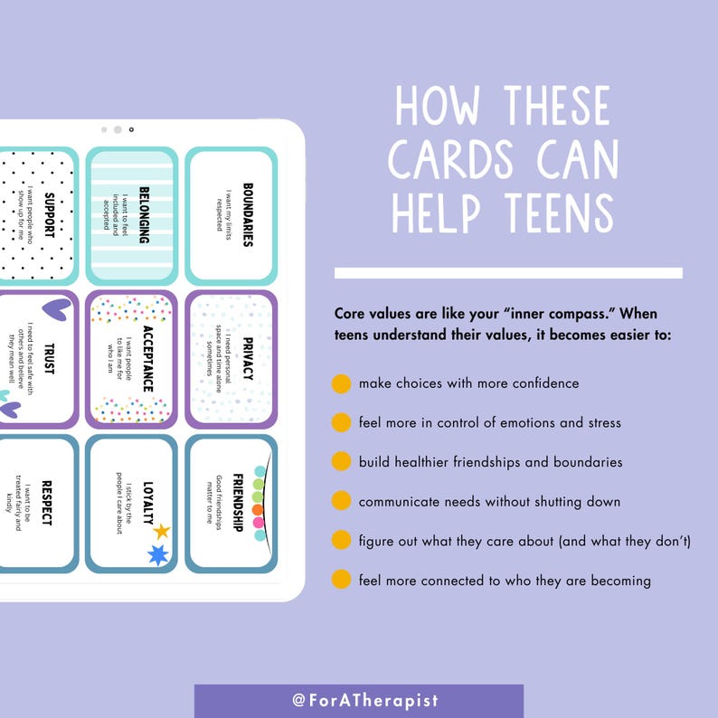 Teen Core Values Flashcards Printable | Values Sorting Cards for Teens ...