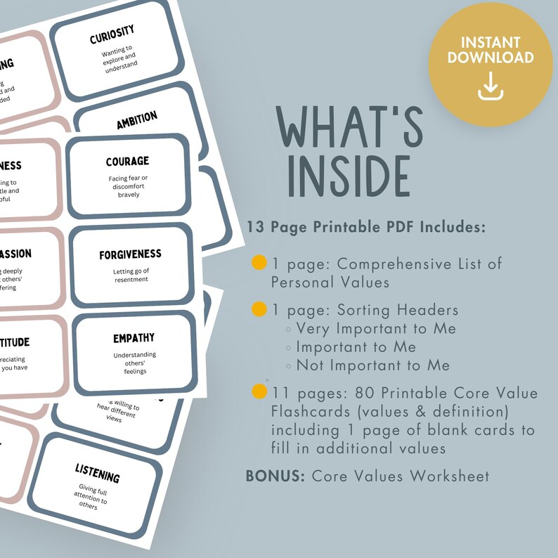 Core Values Flashcards Printable | Values Sorting Cards | Couples ...