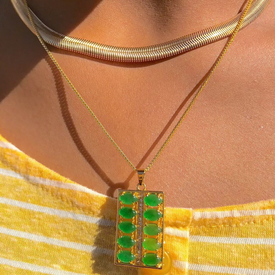 Gold Rectangle Jade Necklace, Green Jade Necklace, CZ Jade Necklace ...