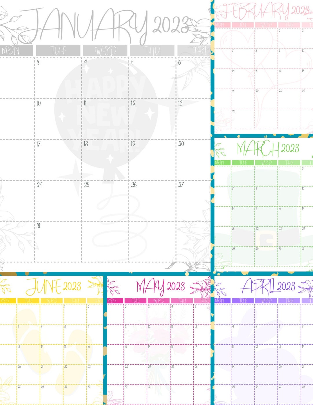 2023 Printable Calendar PDF - Floral Themed - Etsy