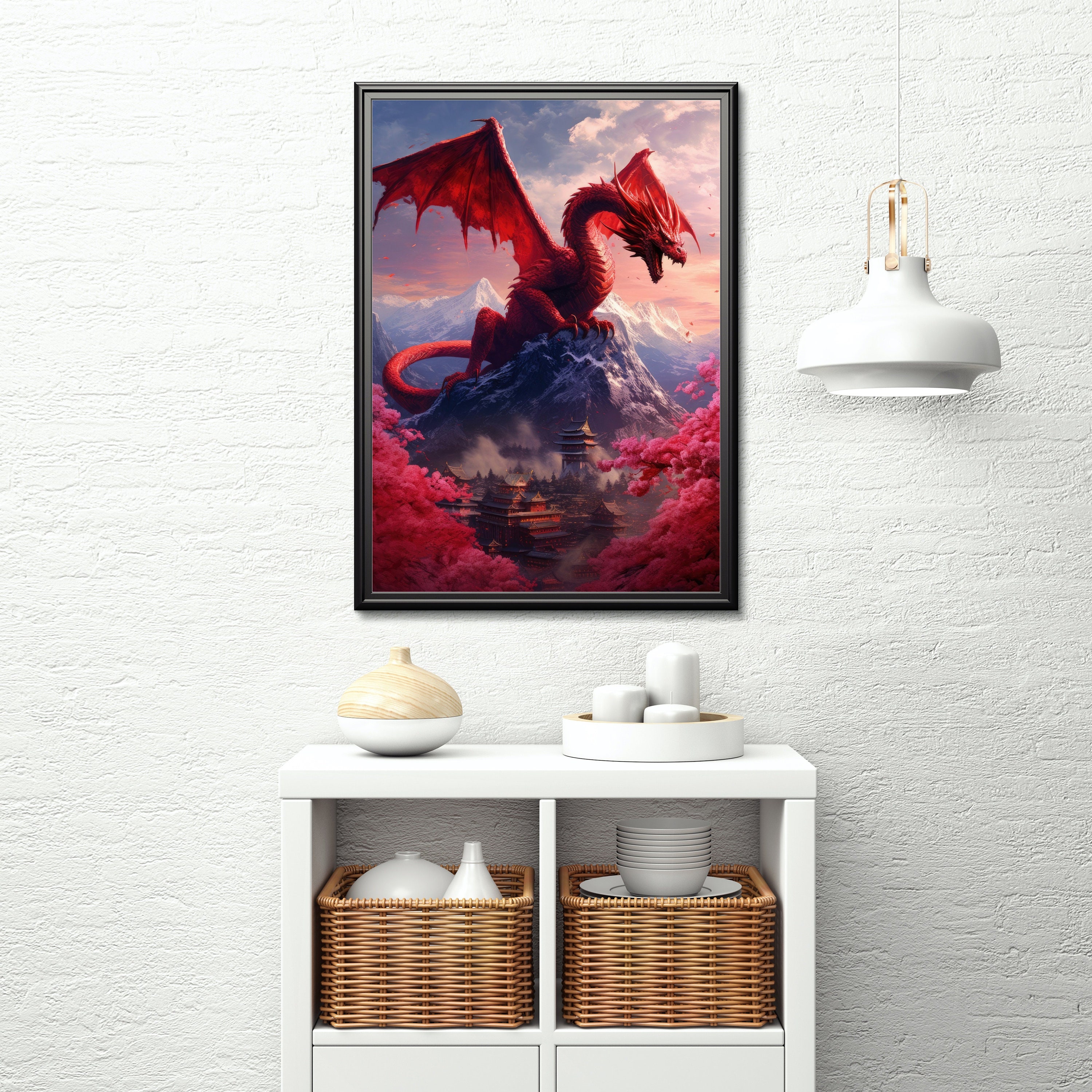 Chinese Dragon Digital Art Red Chinese Dragon With Mountain - Etsy