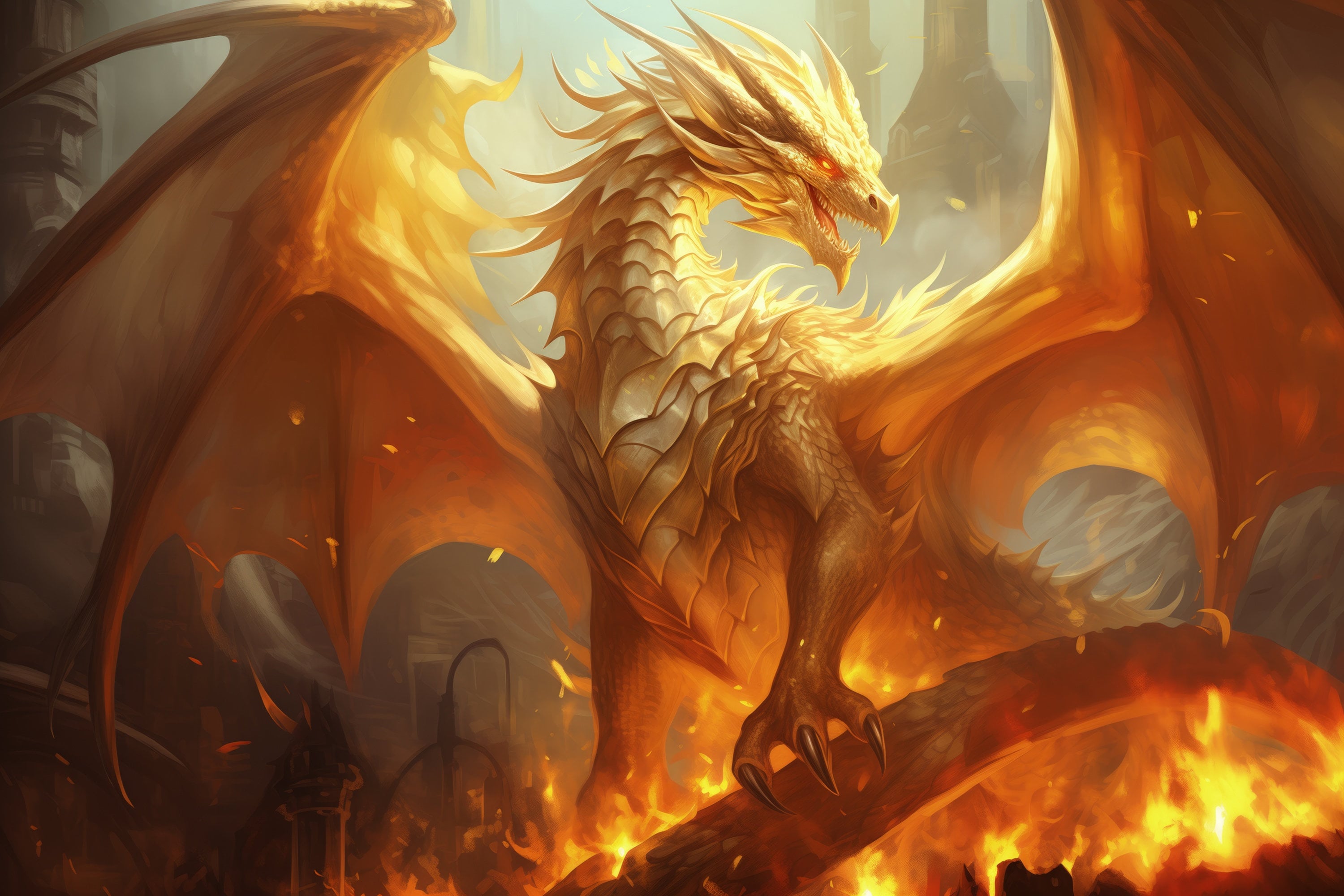 Gold Dragon Wall Art - Dragon of Light Poster - Fantasy Art Canvas ...