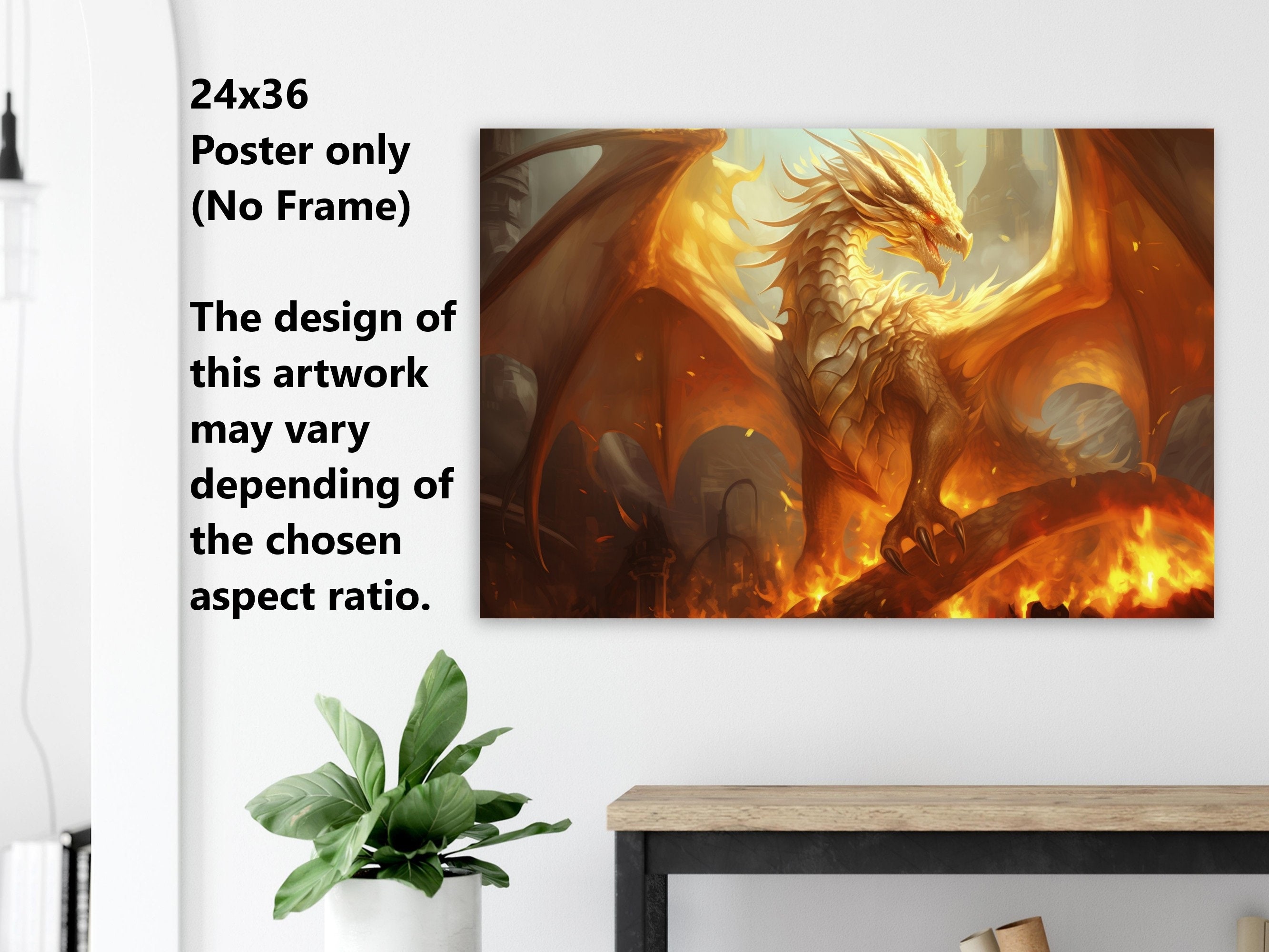 Gold Dragon Wall Art Dragon of Light Poster Fantasy Art Canvas Gift for ...