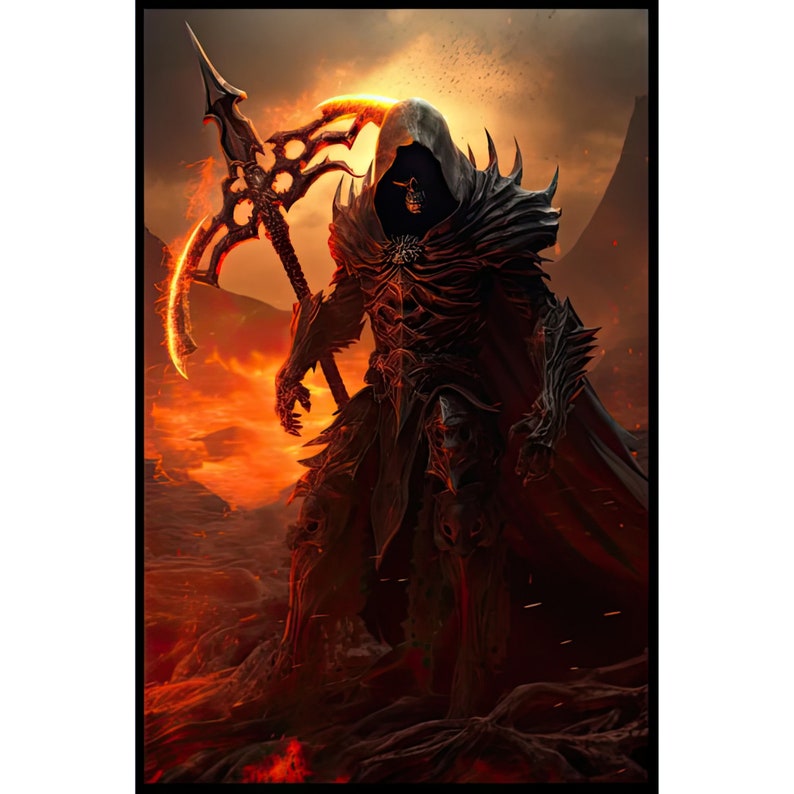 Grim Reaper Wall Art - Grim Reaper With Flaming Scythe Poster - Dark ...
