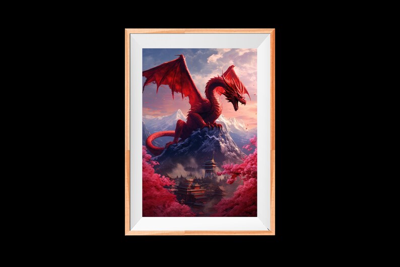 Chinese Dragon Digital Art Red Chinese Dragon With Mountain - Etsy