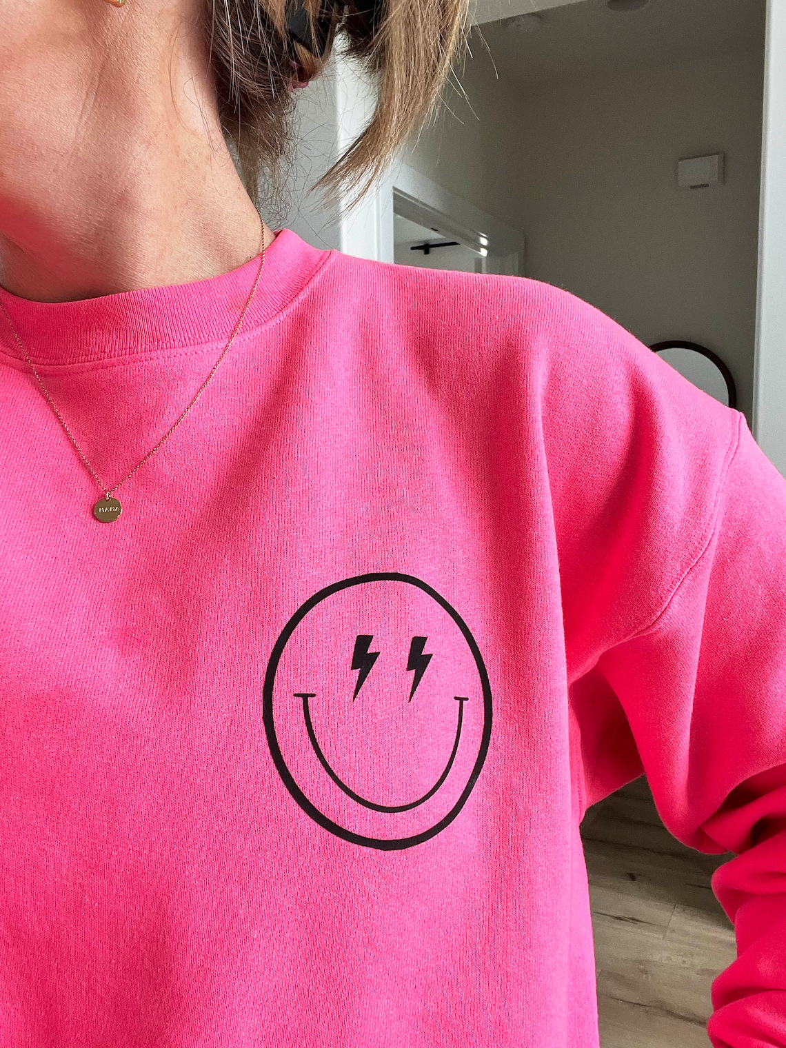 Neon Pink Smiley Sweatshirt, Lightning Smiley Sweatshirt - Etsy