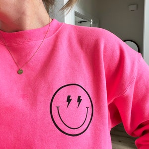 Neon Pink Smiley Sweatshirt, Lightning Smiley Sweatshirt - Etsy