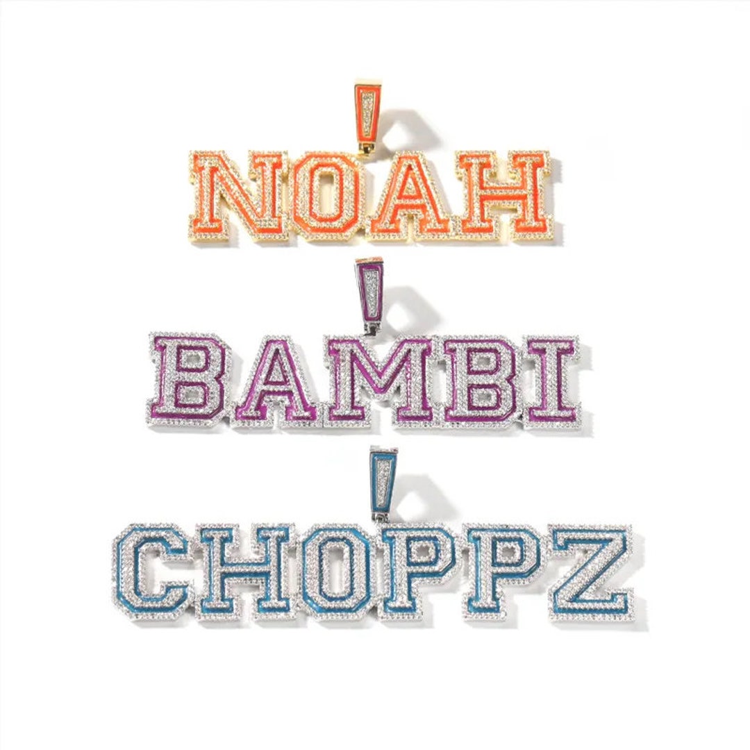 Luminous Icy Name Necklace, Iced Out Pendant, Colorful Jewelry, Varsity ...