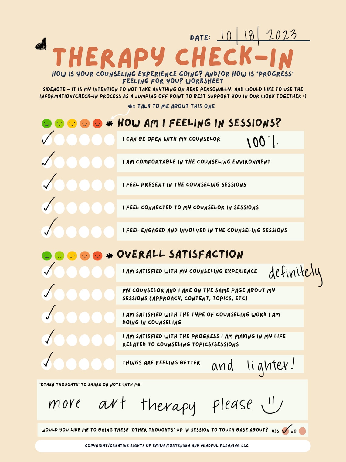 Therapy Check-in Worksheet // Counseling Client Feedback Form // Client ...