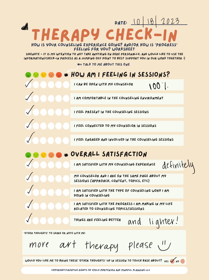 Therapy Check-in Worksheet // Counseling Client Feedback Form // Client ...