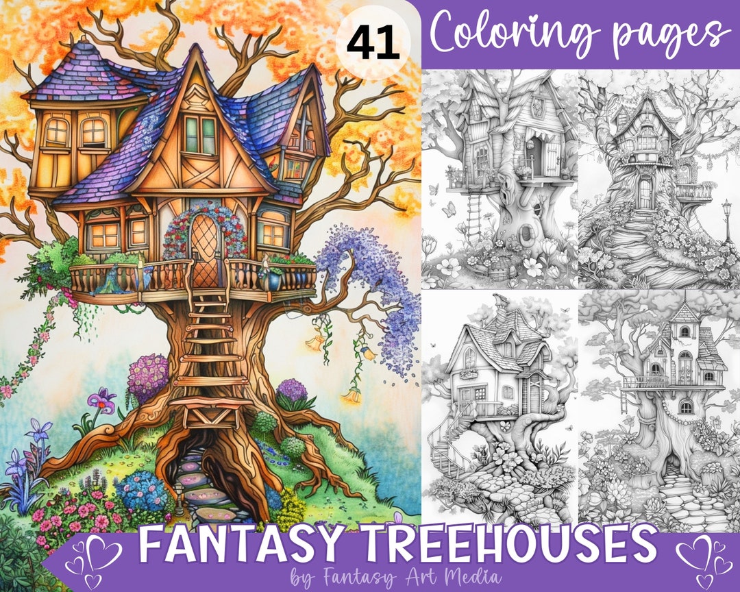 Fantasy Treehouses Coloring Pages, Printable Adult Grayscale Floral ...