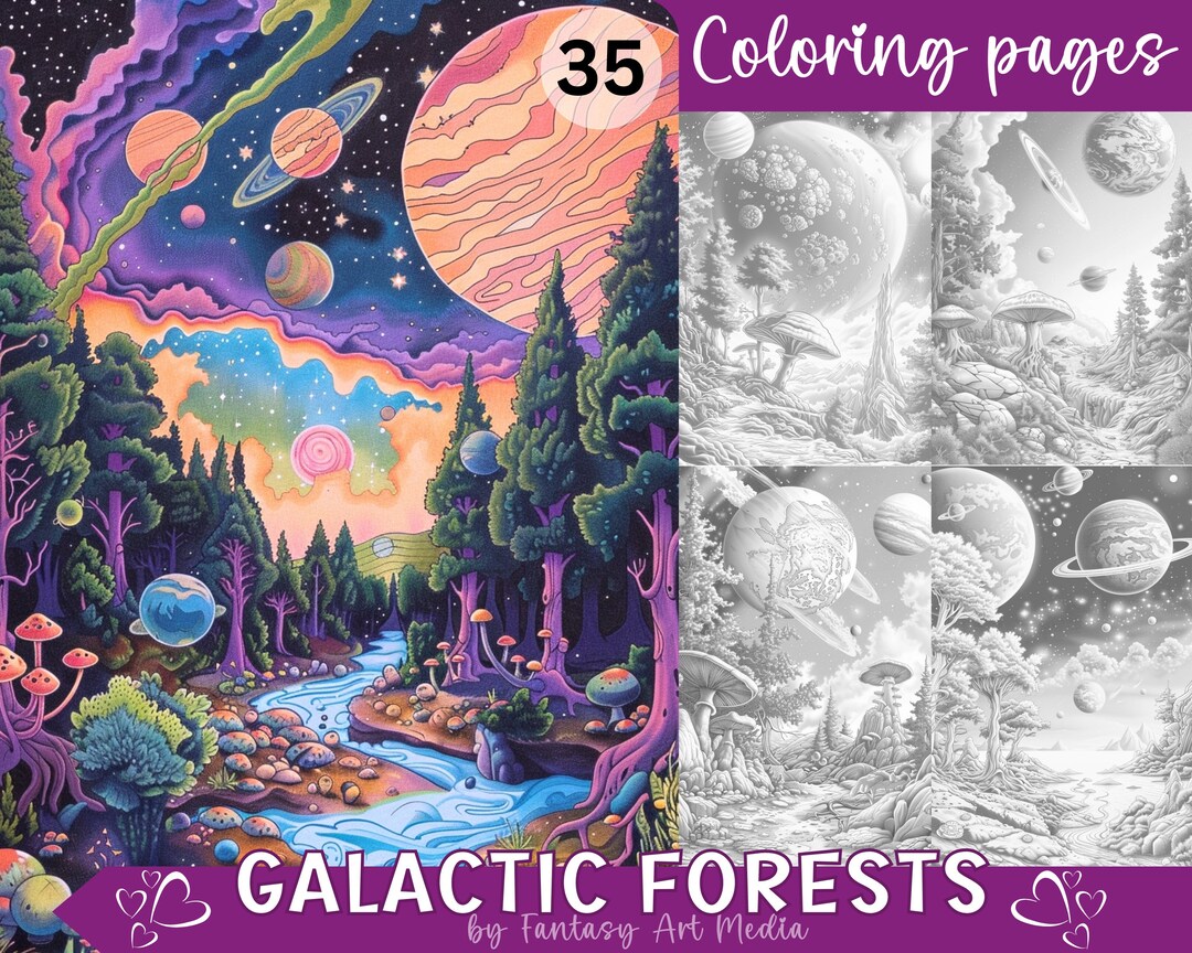 Galactic Forests Coloring Pages, Printable Adult Grayscale Fantasy ...